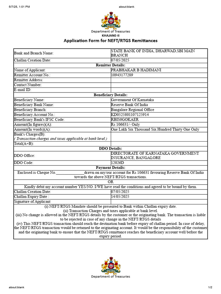 NEFT/RTGS Application for Karnataka Bank | PDF | Banking Technology | Money