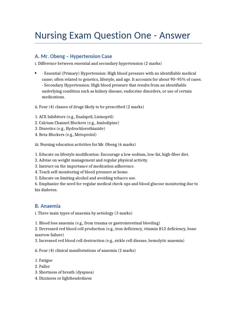 Nursing Exam Question One Answer | PDF
