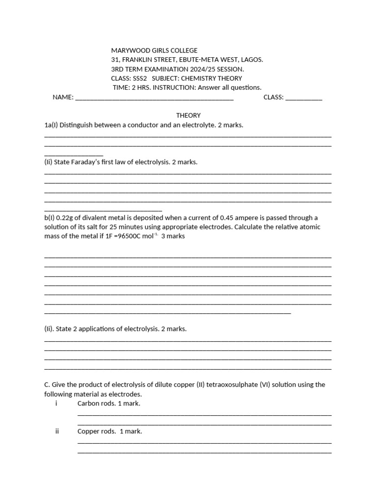 SS2 3RD Term Exam Theory 202425-1 | PDF | Chlorine | Electrochemistry