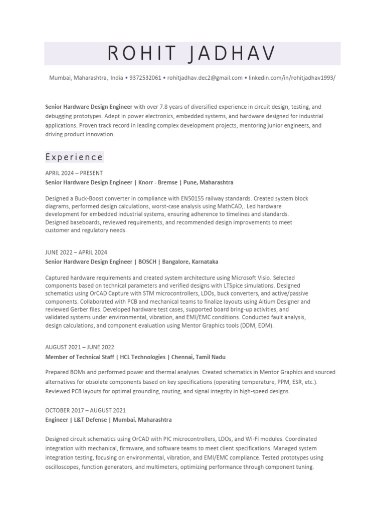 Rohit SrHardwareEngg 7.8+yr Immediate | PDF | Microcontroller | Electronic Engineering