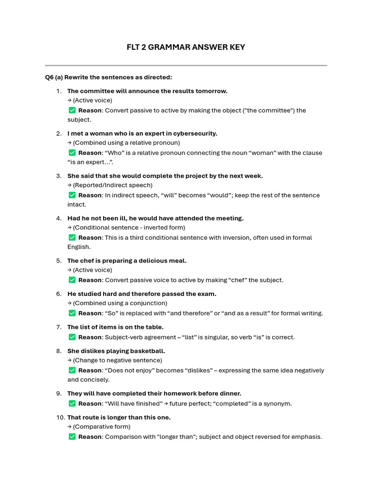 FLT 2 Grammar Answer Key-1 | PDF | Subject (Grammar) | Verb