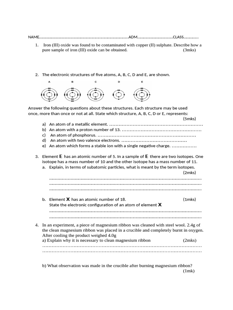 Chemistry F2 End of Term 1 2023 | PDF | Atoms | Chemical Elements