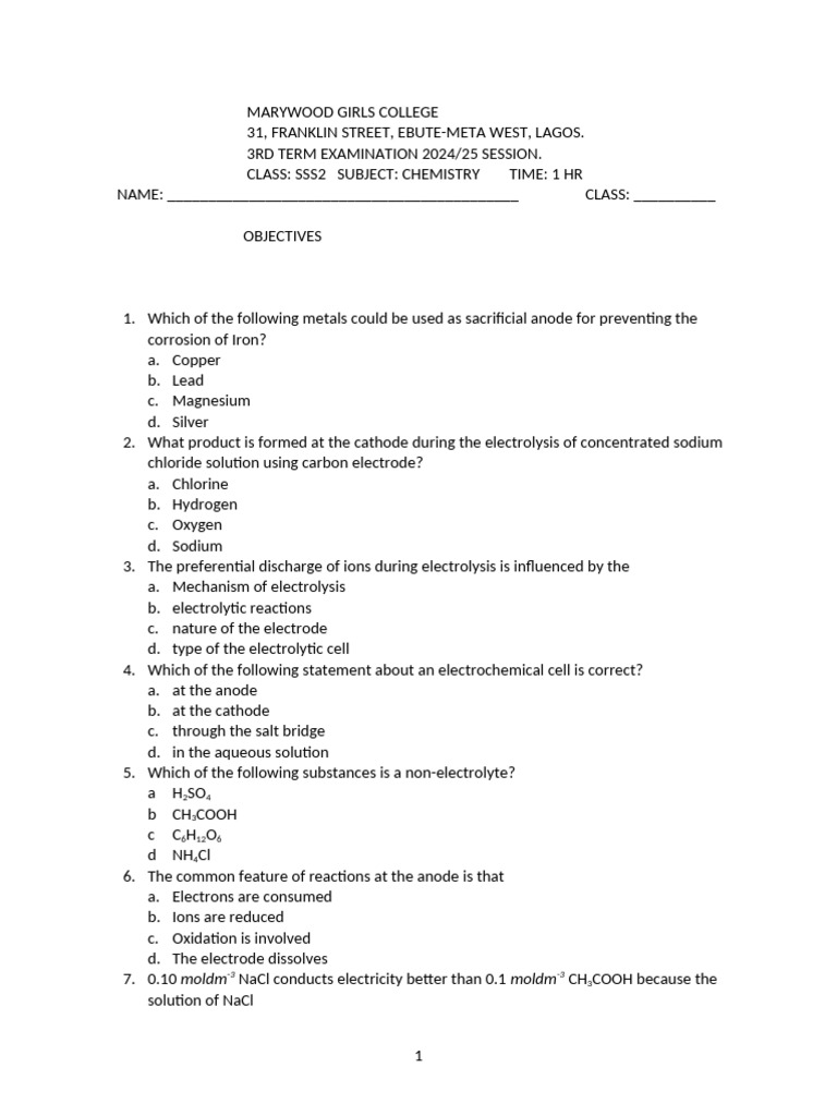 SSS2 Chemistry Exam Questions 2024/25 | PDF | Acid | Chlorine