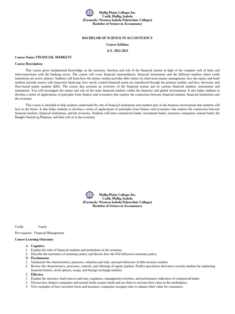 Financial Markets Updatedd Syllabus | PDF | Option (Finance) | Stocks
