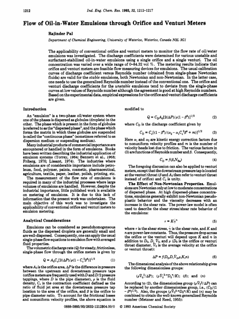 Pal 2002 Flow of Oil in Water Emulsions Through Orifice and Venturi ...