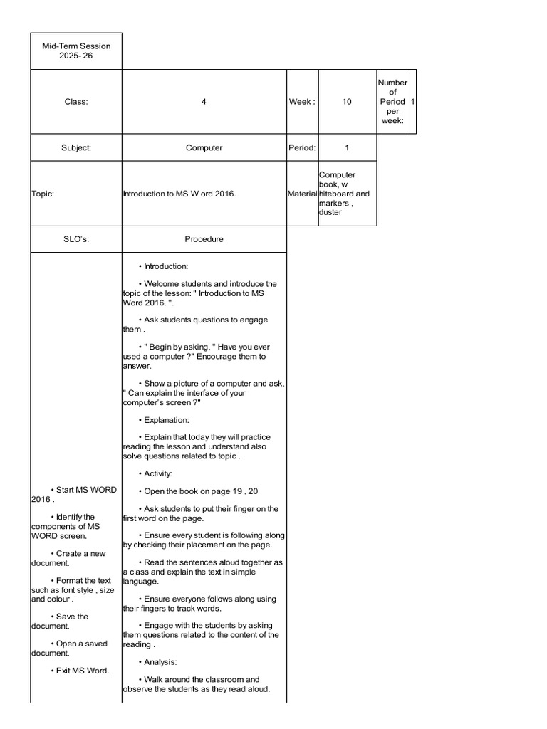 Computer Class 4 Week10 | PDF | Microsoft Word | Education Theory