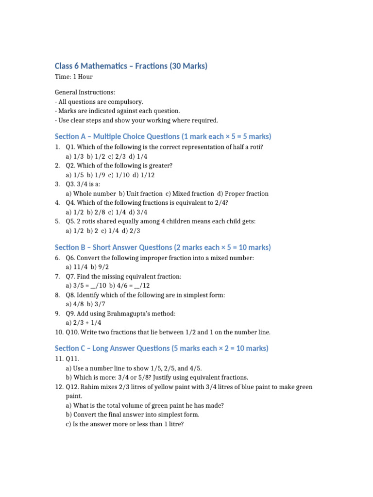 Fractions 30 Marks Question Paper With Case Answers | PDF | Mathematics ...