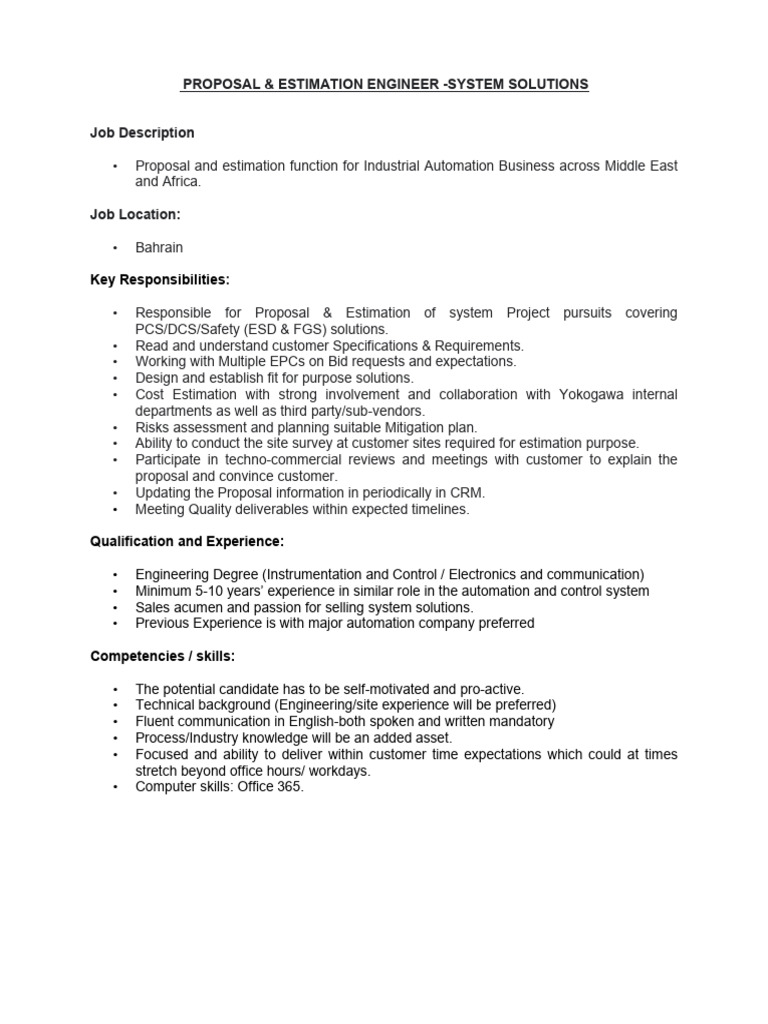 Proposal Engineer - System Solutions - Mindteck | PDF