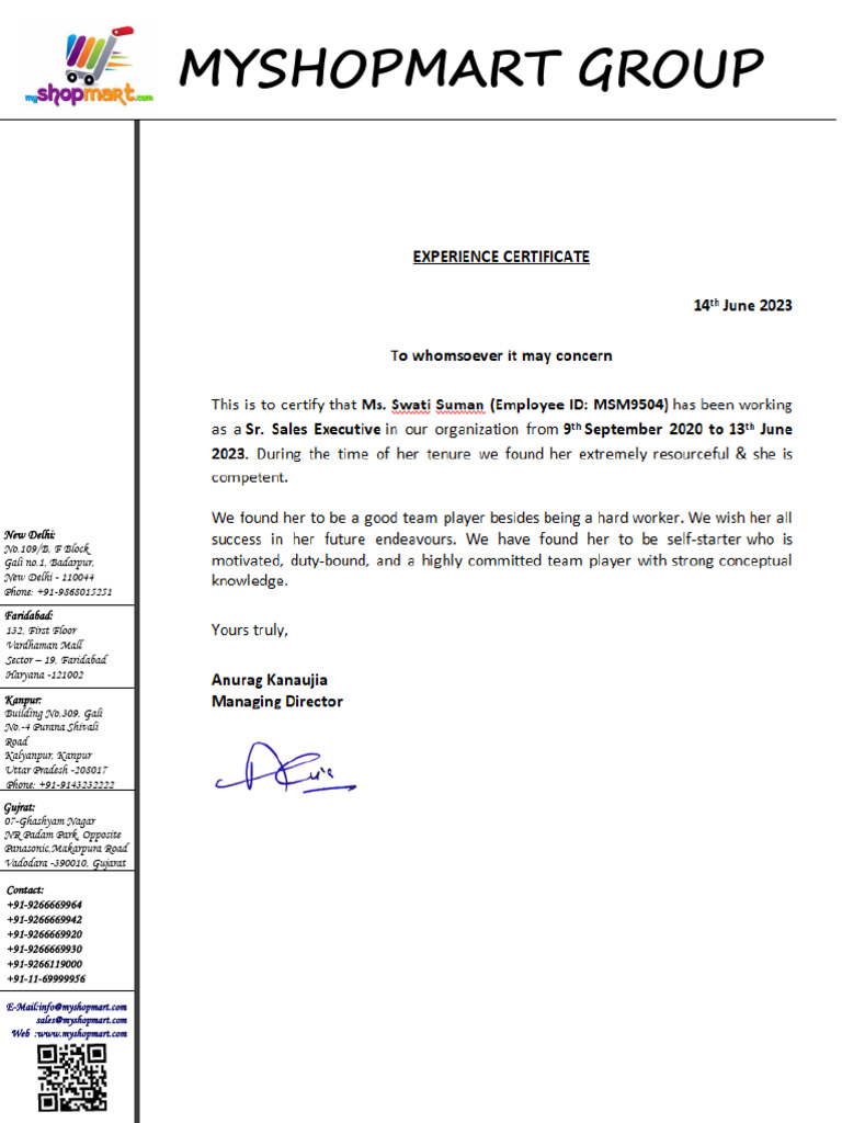 Swati Suman - Experience Certificate | PDF