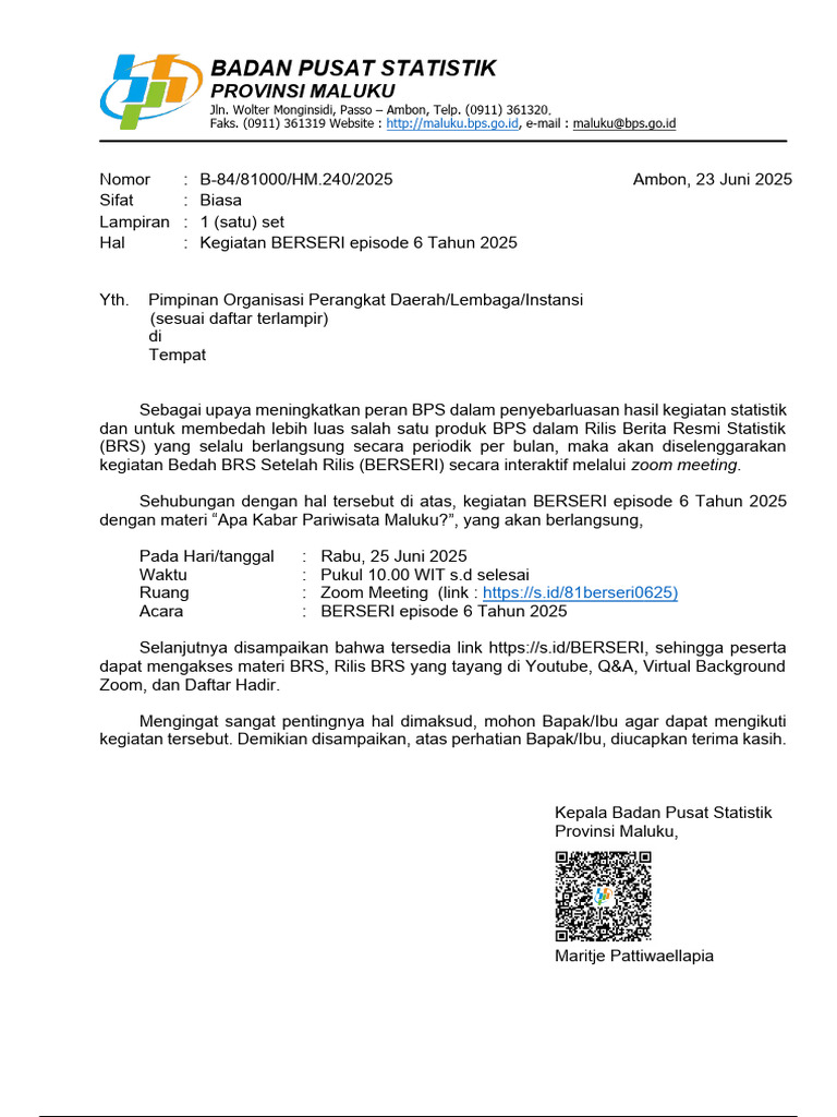 Surat OPD Kabkot BERSERI 062025 Pariwisata | PDF