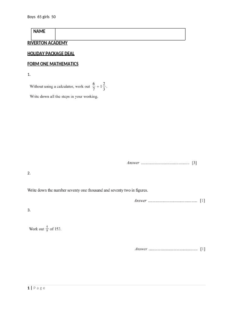 Maths Form 1 Holiday Package | PDF