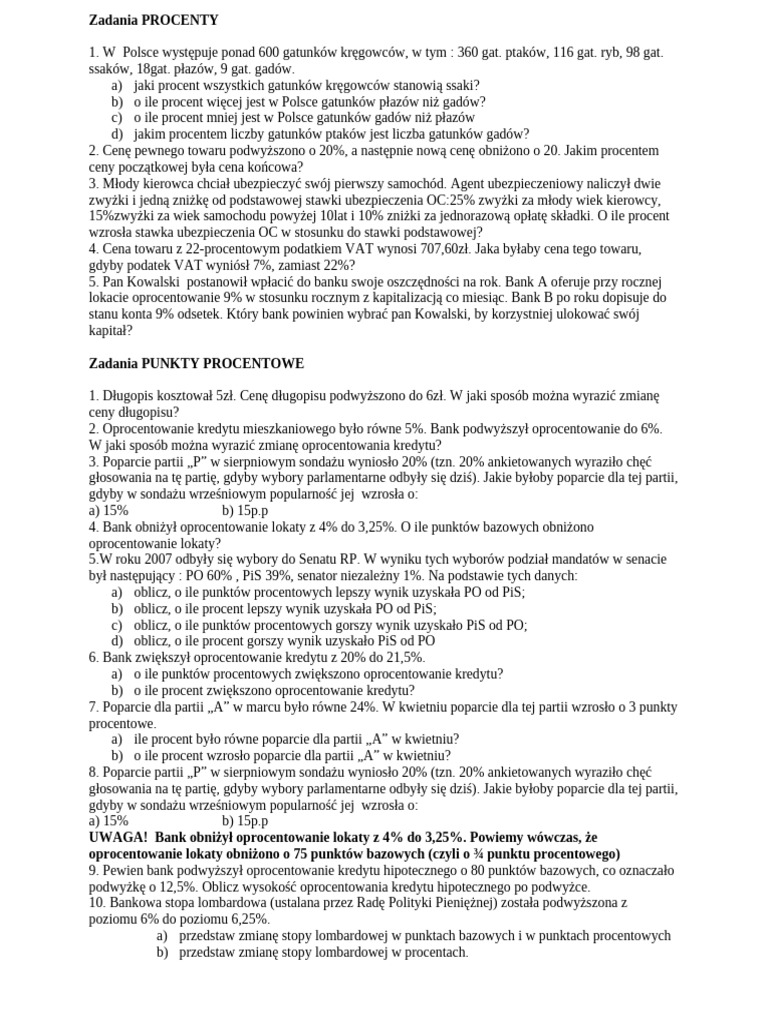 Zadania PROCENTY I Punkty Procentowe | PDF