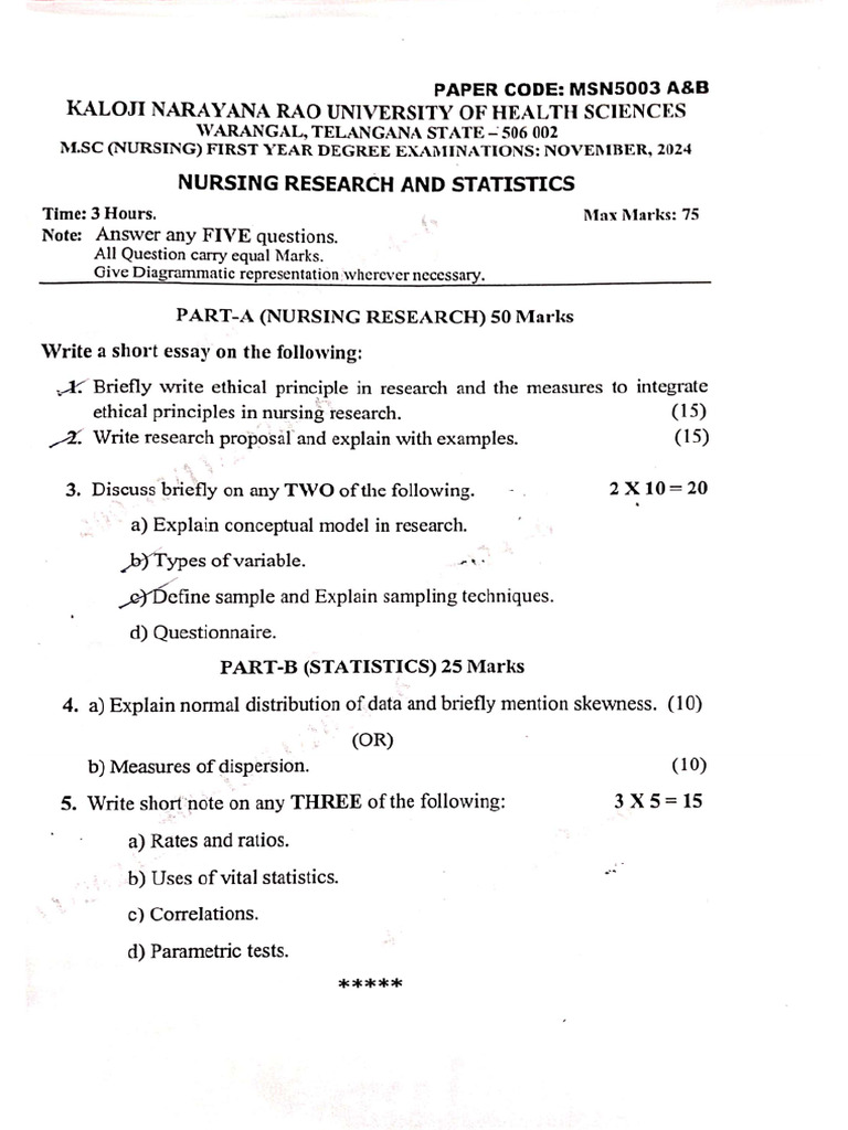 Nursing Research and Statistics Previous Year Question Paper | PDF