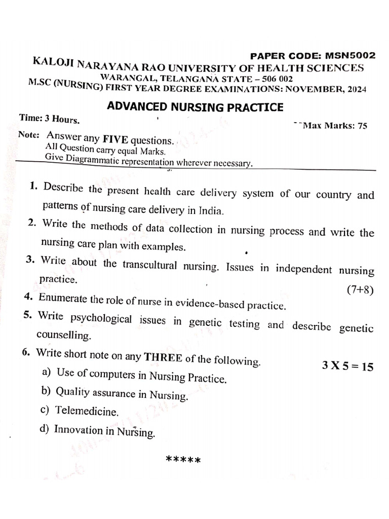 Advance Nursing Practice Previous Year Question Paper MSC Nursing | PDF