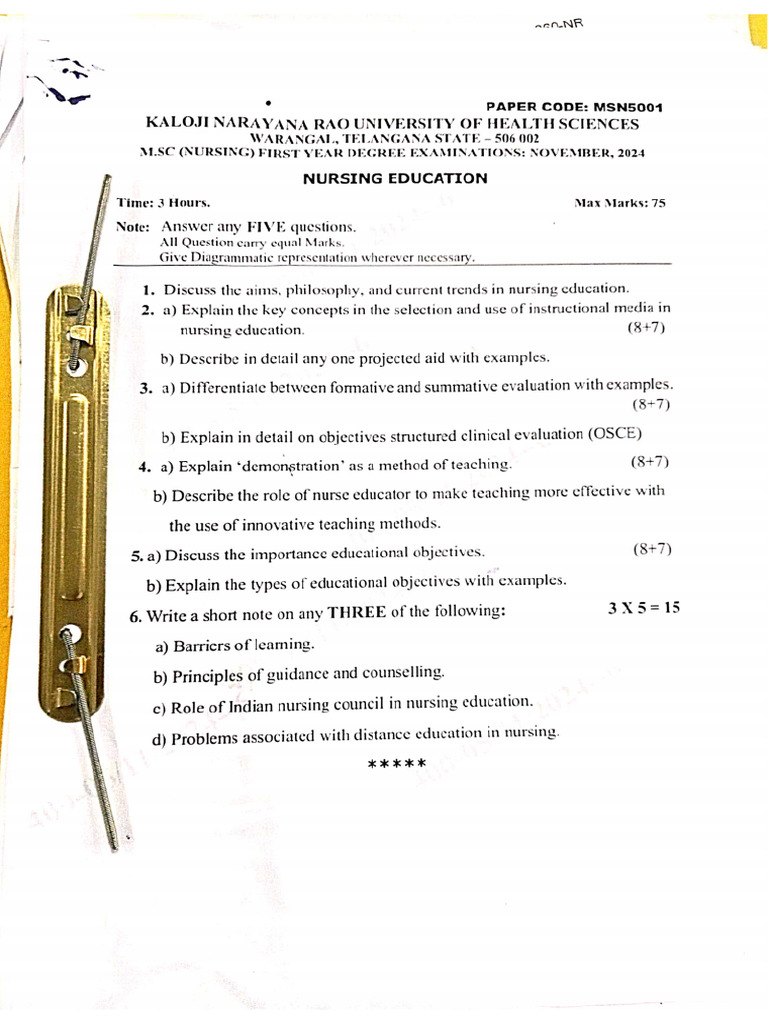 Nursing Education Previous Year Question Paper MSC Nursing | PDF