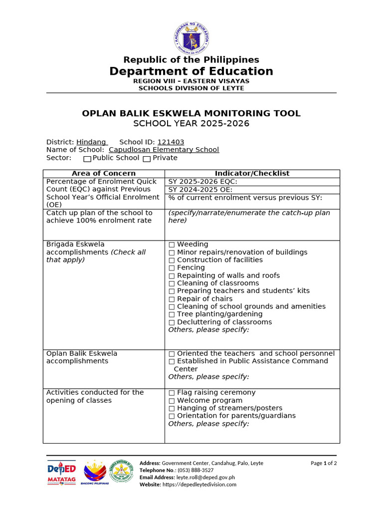 Division Oplan Balik Eskwela Monitoring Tool | PDF | Learning