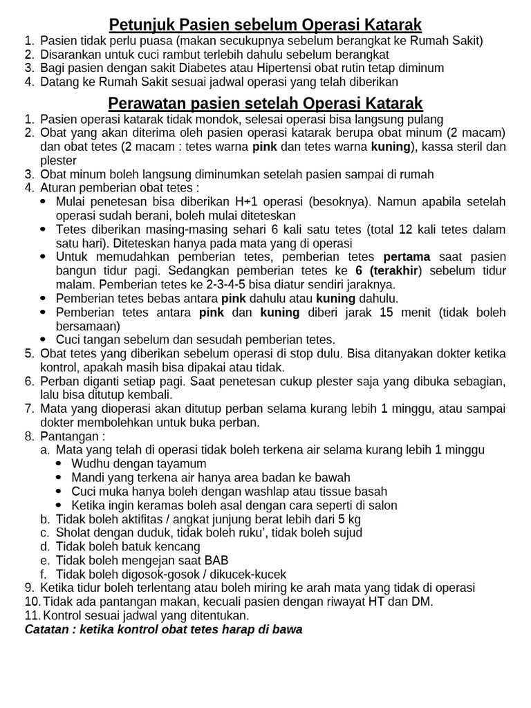 Petunjuk Pasien Sebelum Operasi Katarak | PDF