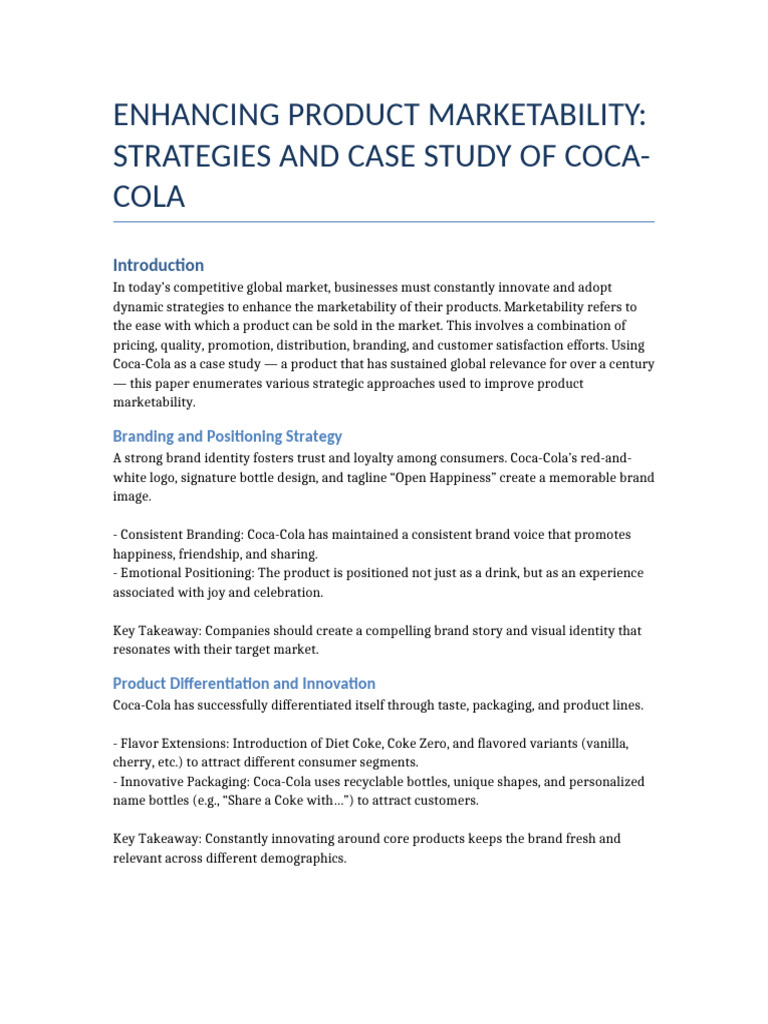 Enhancing Product Marketability CocaCola | PDF | Brand | Coca Cola