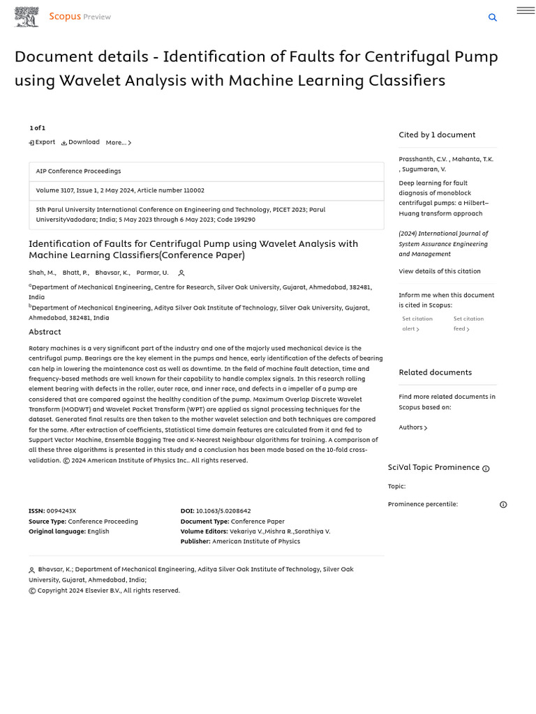 Scopus Preview - Scopus - Document Details - Identification of Faults For Centrifugal Pump Using ...