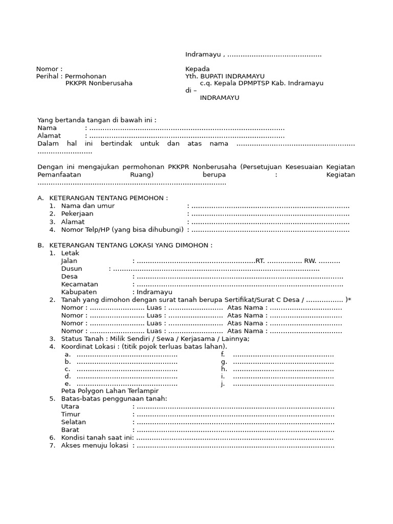 Surat Permohonan PKKPR Nonberusaha | PDF