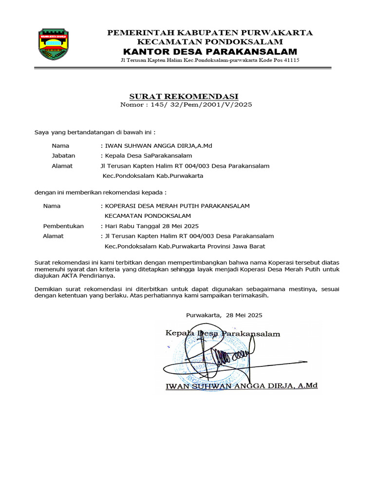 Surat Rekomendasi Kop Merah Putih 2025 | PDF
