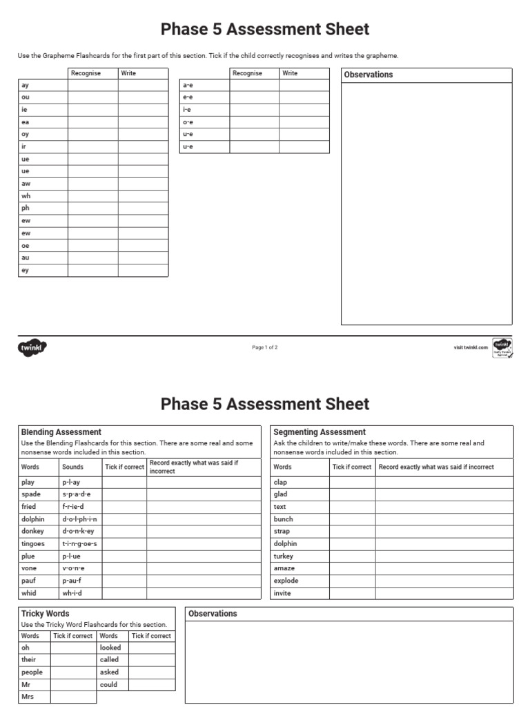 Phase 5 Phonics Assessment Sheets | PDF | Learning Methods | Learning
