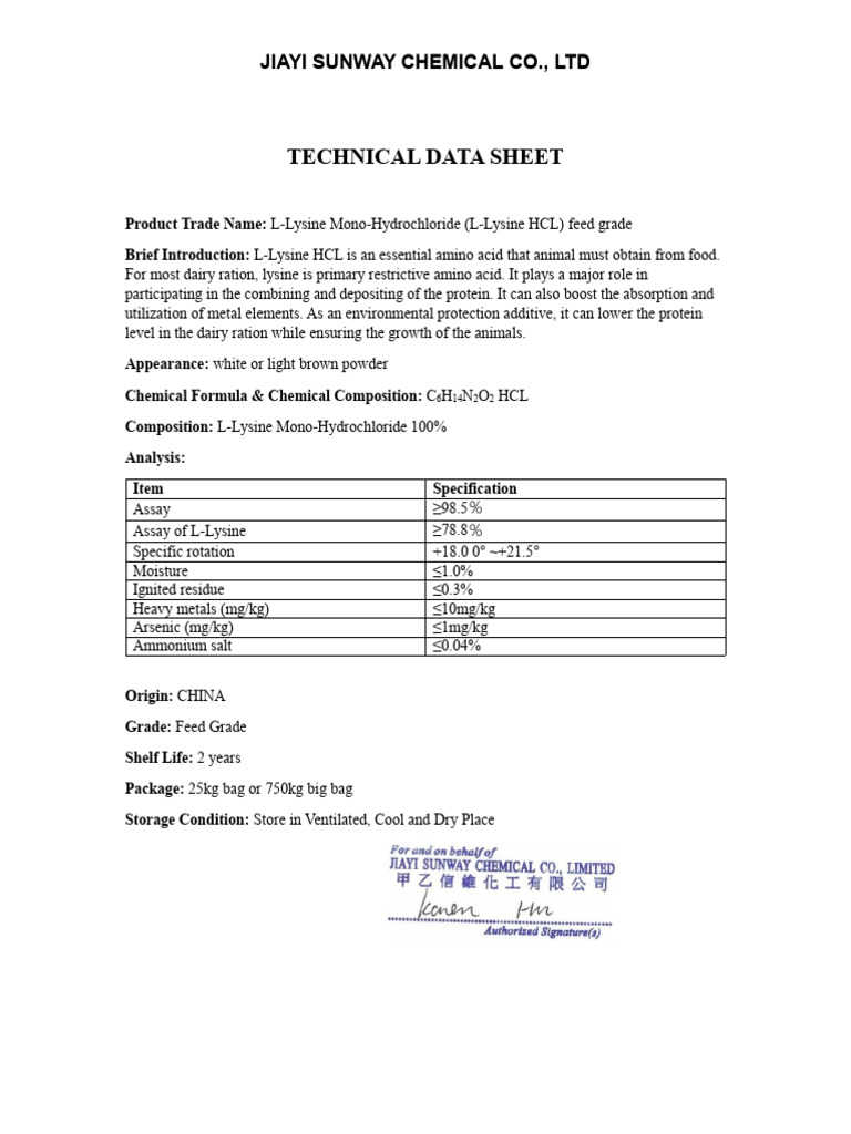 L-Lysine Mono-Hydrochloride Data Sheet | PDF