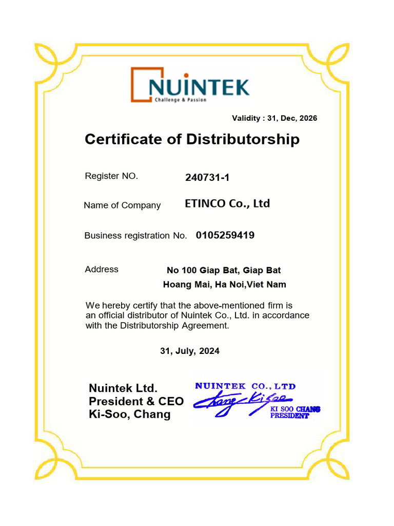 Certificate of Distributorship for ETINCO | PDF