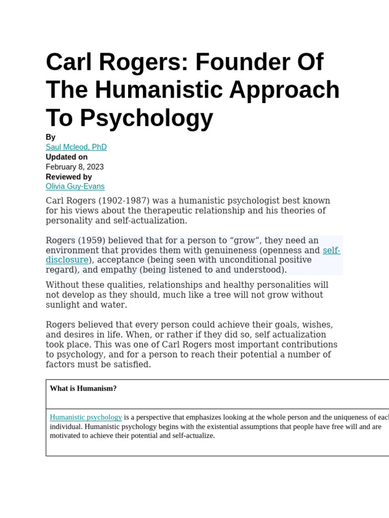 Carl Rogers - Humanistic Approach | PDF | Self Esteem | Humanistic ...