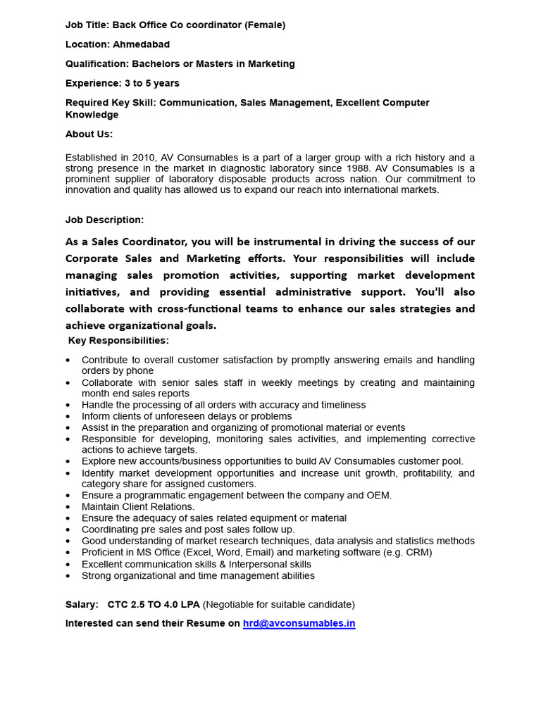 JD Sales Coordinator | PDF