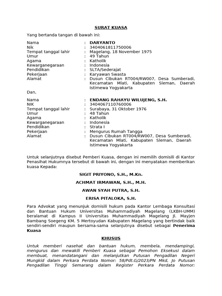 Surat Kuasa Permohonan Eksekusi Endang Rahayu Wilujeng, S.H. | PDF