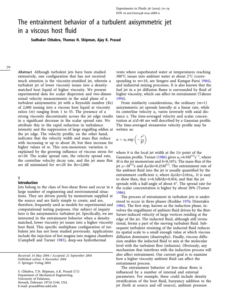 Entrainment in Turbulent Viscous Jets | PDF | Viscosity | Turbulence