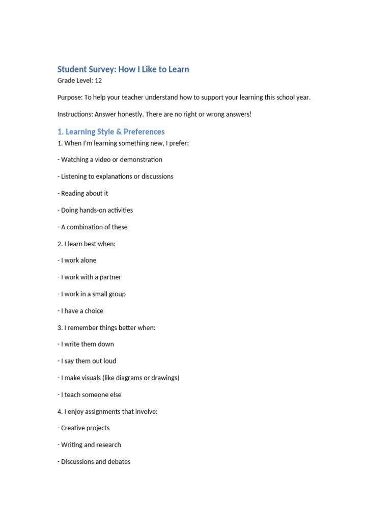 How I Like To Learn Survey Grade 12 | PDF