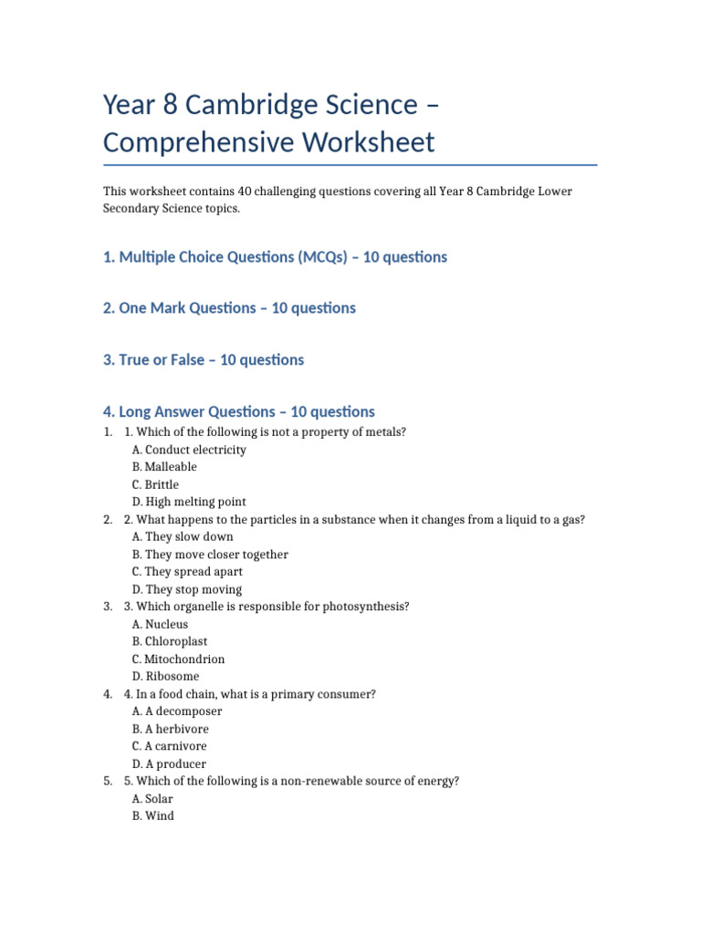 Year 8 Cambridge Science Worksheet | PDF | Chemical Substances | Gases
