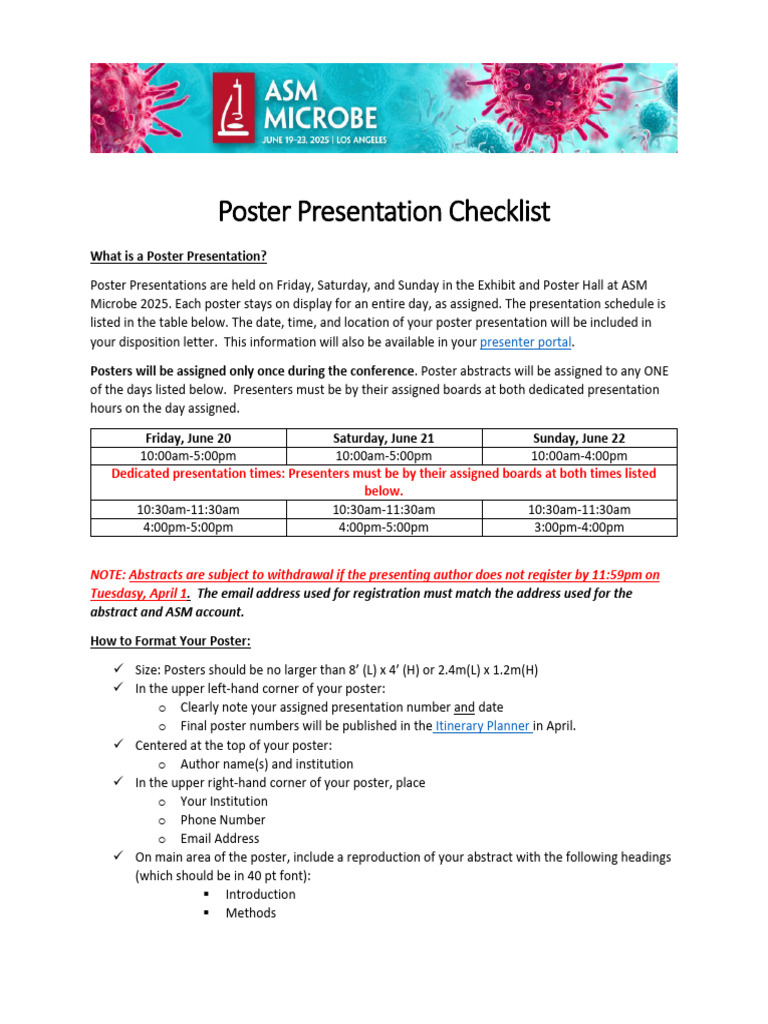ASM Microbe 2025 - Poster Presenter Checklist | PDF | Typefaces ...