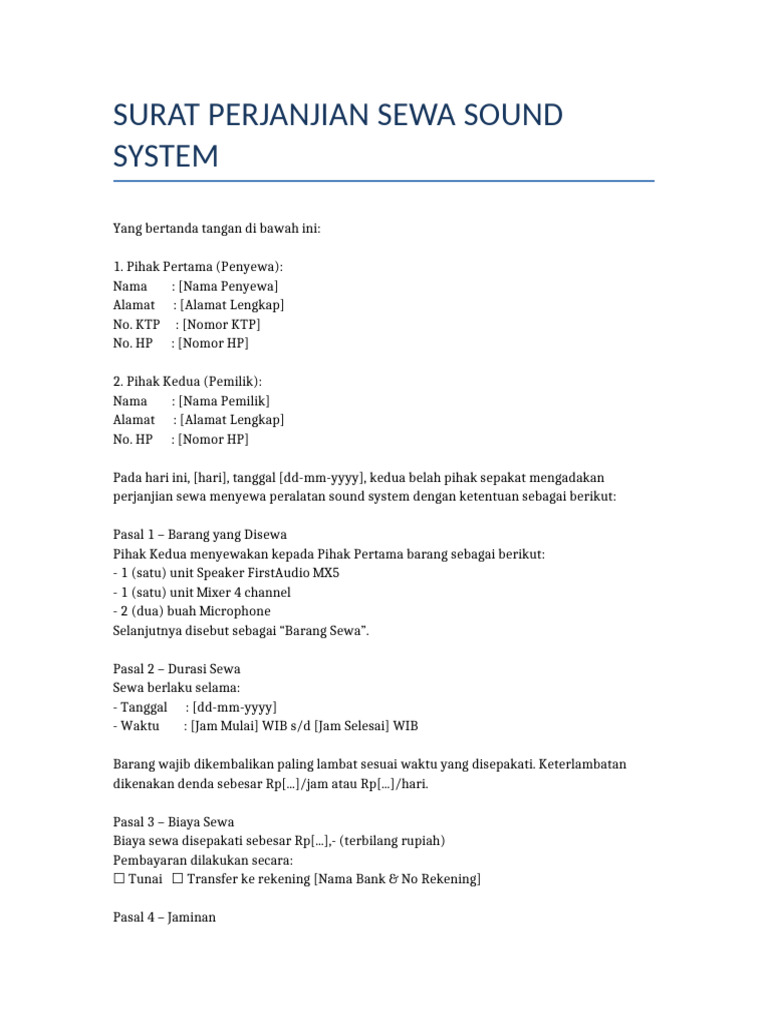 Surat Persewaan Sound System | PDF