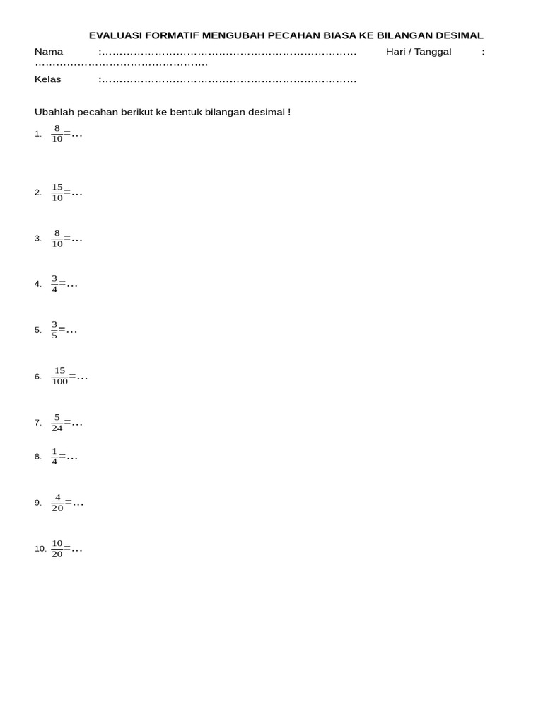 Evaluasi Formatif Mengubah Pecahan Biasa Ke Bilangan Desimal | PDF