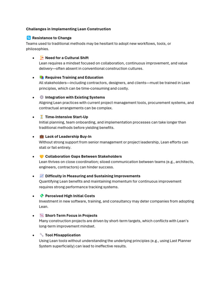 Challenges in Implementing Lean Construction | PDF