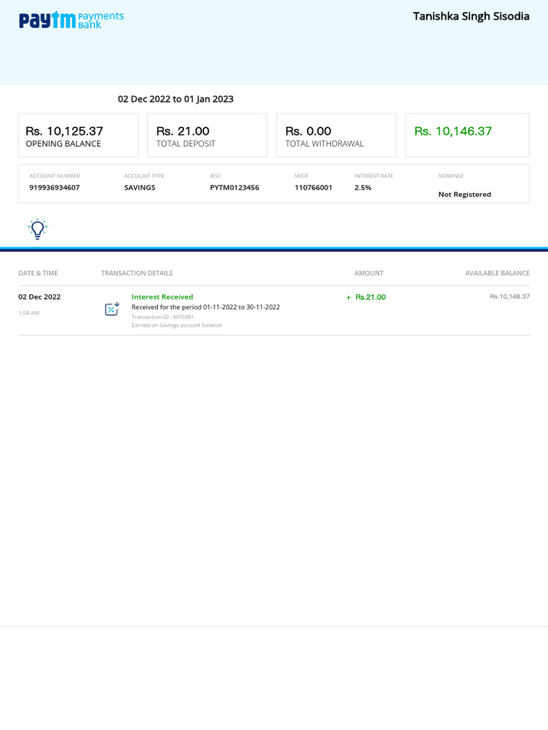 Paytm Bank Account Statement Summary | PDF | Banks | Deposit Account