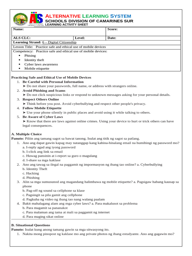 JHS - LS6 Safe Ethical Use - C1 | PDF