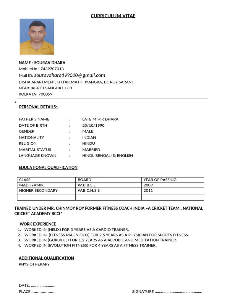 C.V Sourav Dhara Gym | PDF