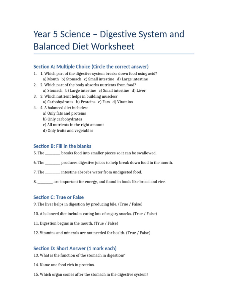 Grade 5 Digestive System Worksheet | PDF