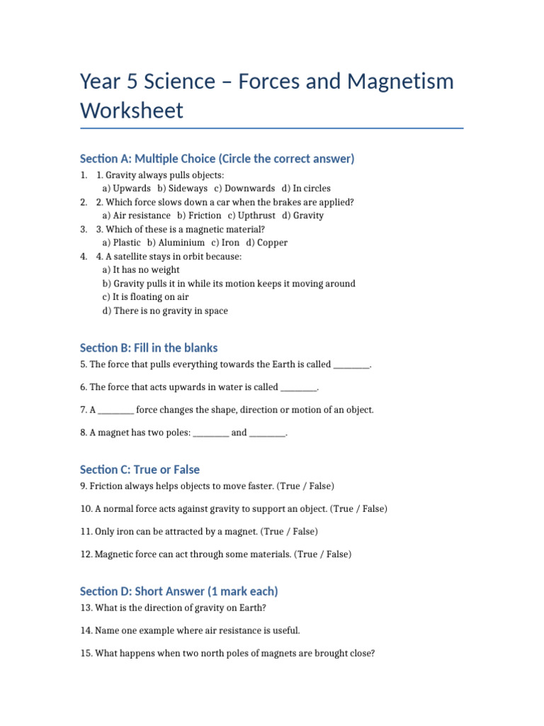 Forces and Magnetism Worksheet | PDF