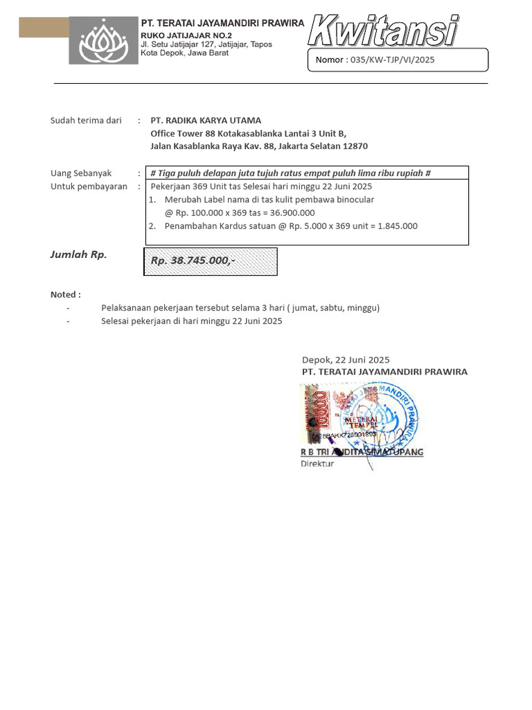 Kwitansi TJP - 369 Tas 01 | PDF