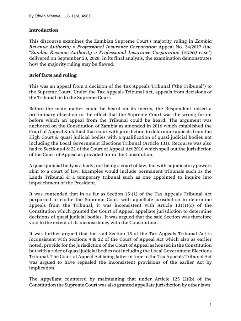 Zambia Revenue Authority V Professional Insurance Corporation Zambia ...
