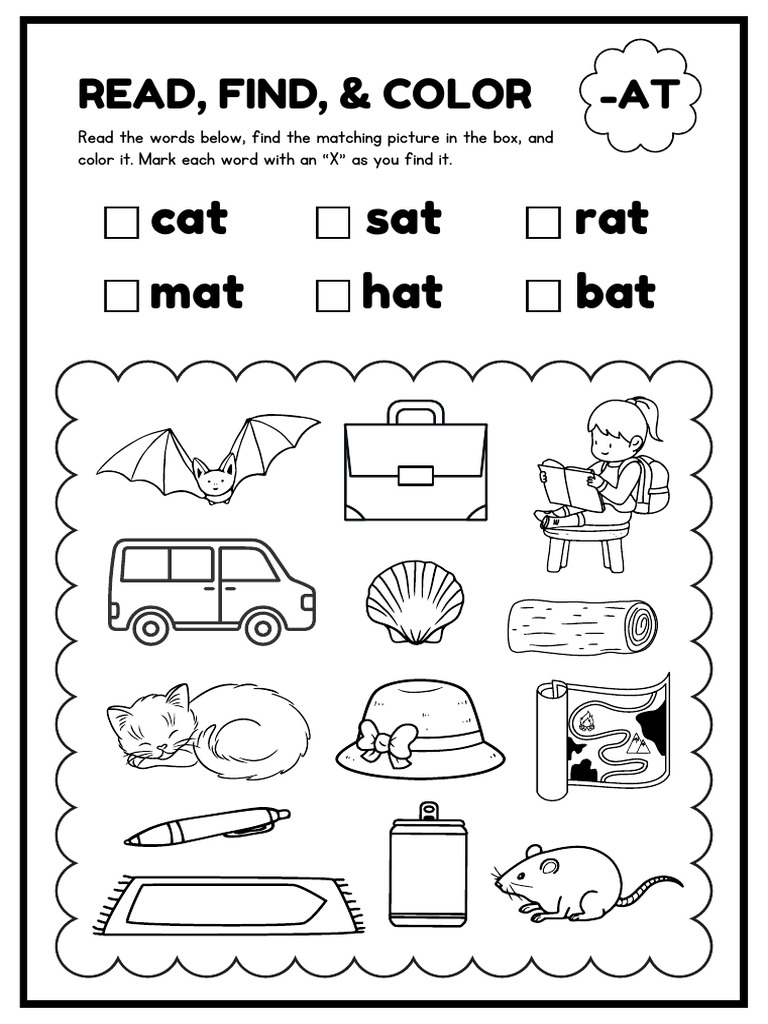 Literacy Word Family (-At) Find and Color Worksheet Black and White ...