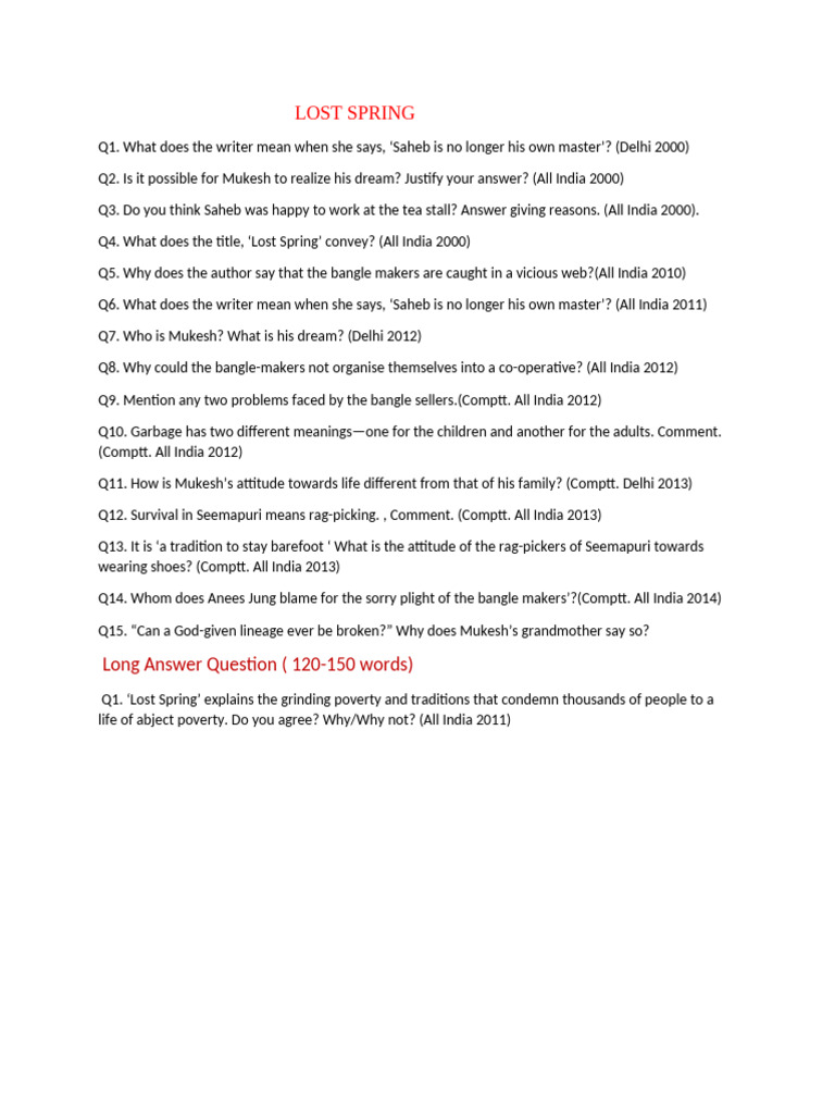 Lost Spring Questions Only | PDF