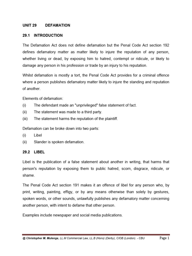Criminal Law Unit 29 Defamation | PDF | Defamation | Criminal Justice