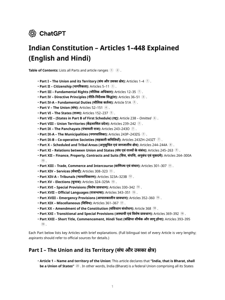Indian Constitution - Articles 1-448 Explained (English and Hindi) | PDF