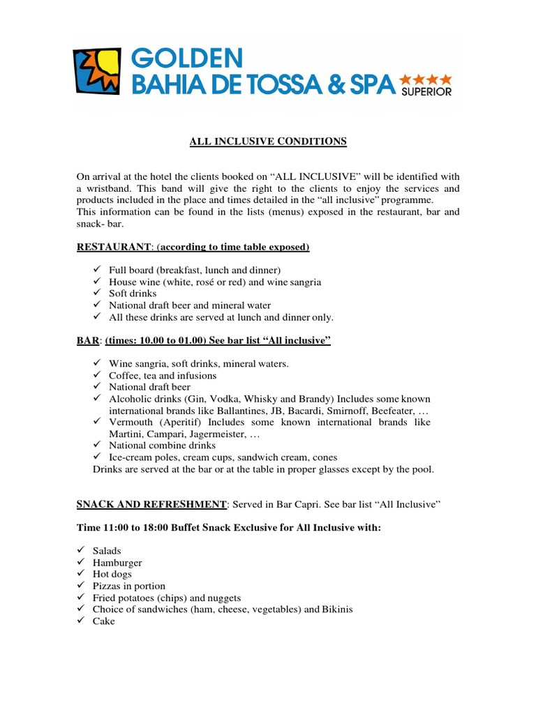All Inclusive Golden Bahia de Tossa - en 3 | PDF | Drink | Lunch